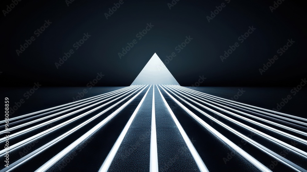 Lines of light converging into a single point at the top of a triangle ...