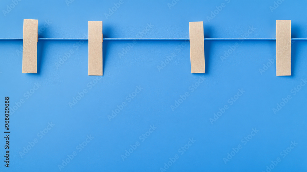 A blue background made of layered paper with wooden pegs holding it ...