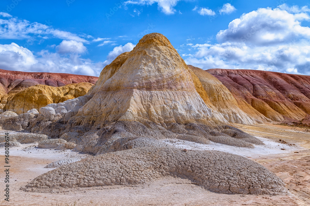 Akzhar Ulytau chalk mountains in the desert of Kazakhstan. Rare sandy ...