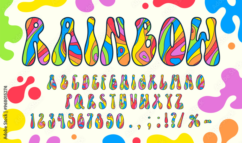 Retro 60s hippie typeface and psychedelic rainbow font of 70s groovy ...