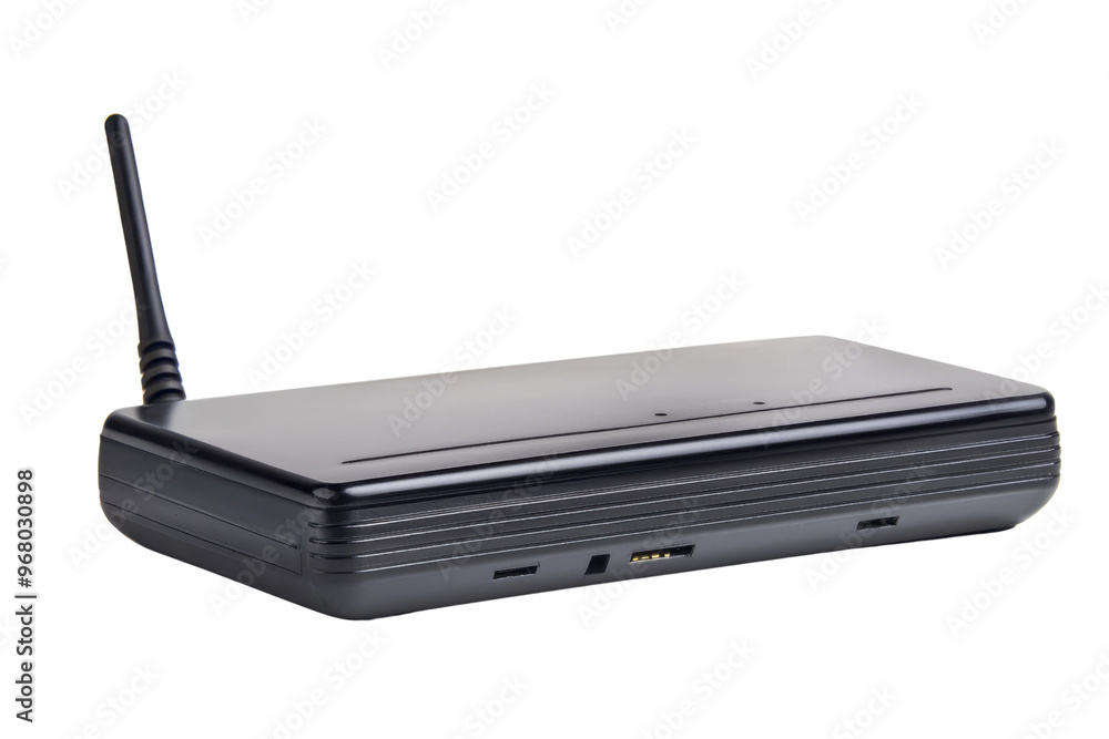 Black wireless router with an antenna isolated on a transparent ...