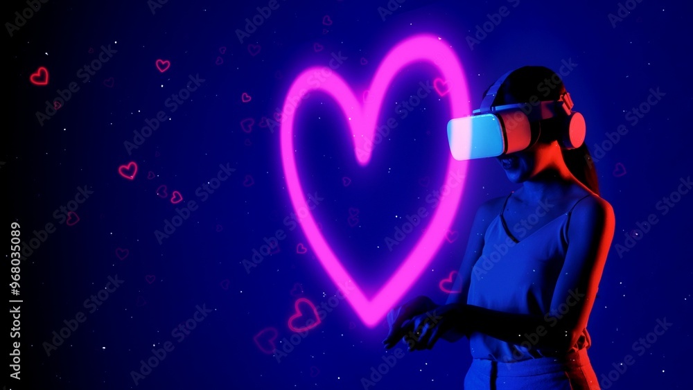 Beautiful Asian woman in VR to metaverse interacting virtual neon ...