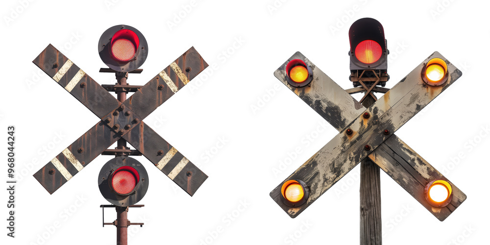 set of a railroad crossing sign with a crossbuck and lights on a ...