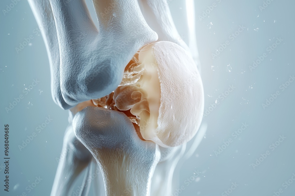 Detailed 3D anatomical rendering of a human knee joint, showing ...