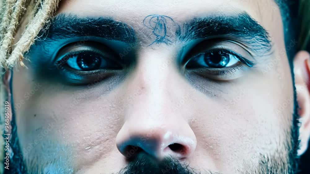 Explore the unique and detailed blue tattoo design on a man's skin ...