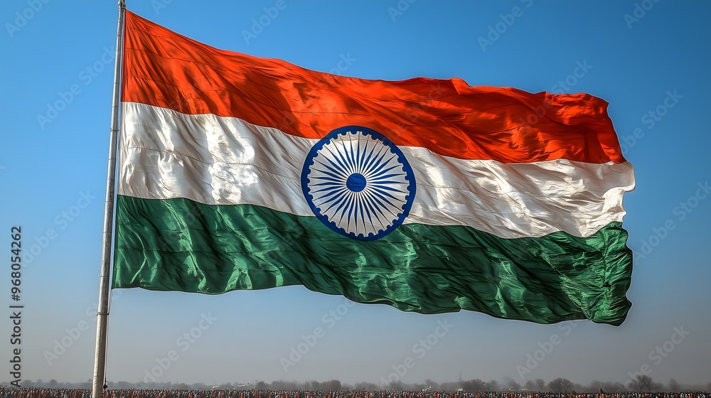 massive Indian flag waving majestically in the wind, with a crowd of ...