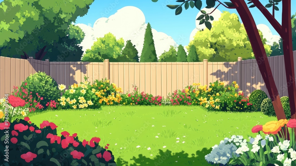 2D cartoon illustration of a backyard garden featuring a fenced area ...