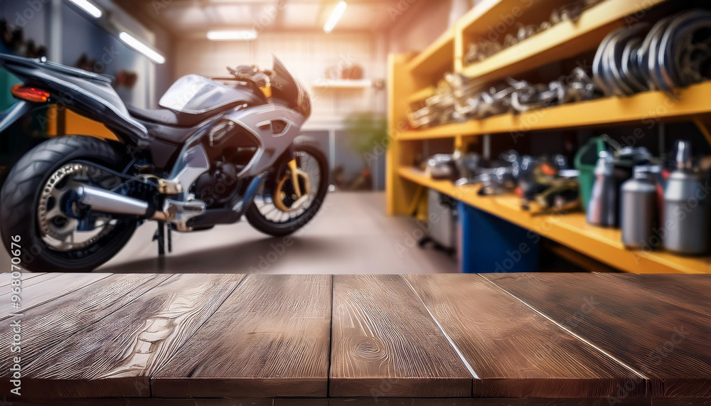 Empty counter table of motorcycle mechanic workshop, workshop scene ...