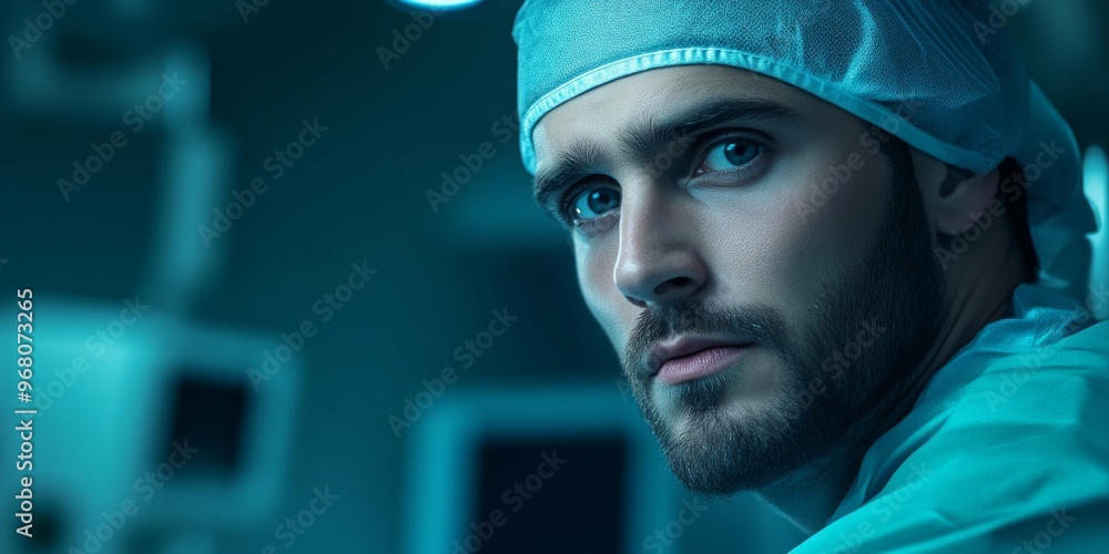 Focused surgeon in a modern operating room. A man in surgical attire ...