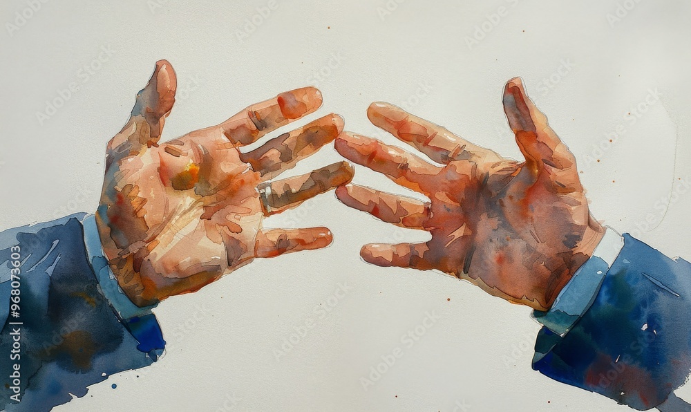 Two expressive hands reaching out, adorned with detailed skin textures ...