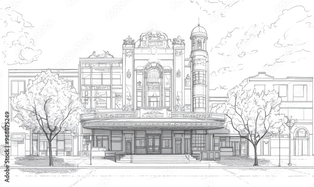 Line art illustration of a theater in a downtown area showcasing ...