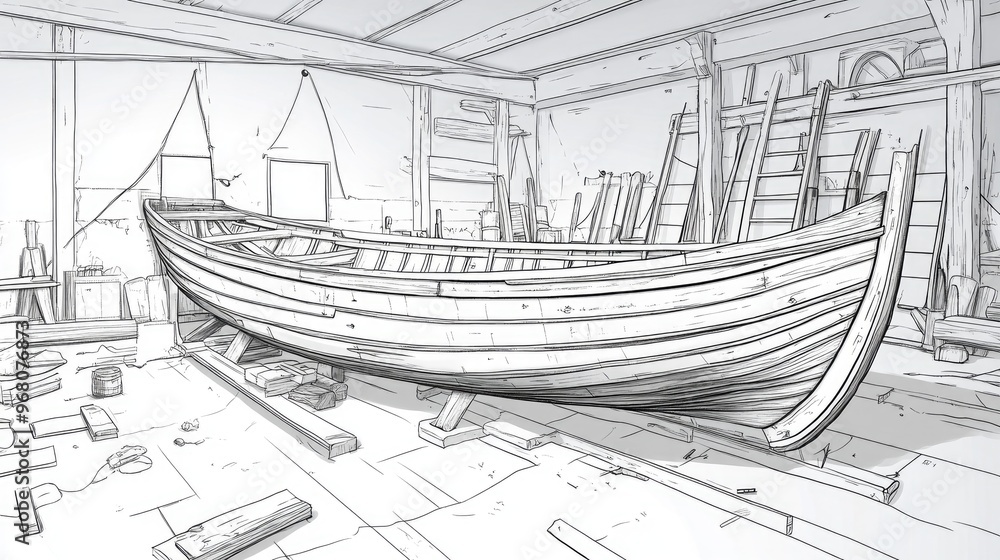 Line art illustration of a small wooden boat s structure showcasing ...