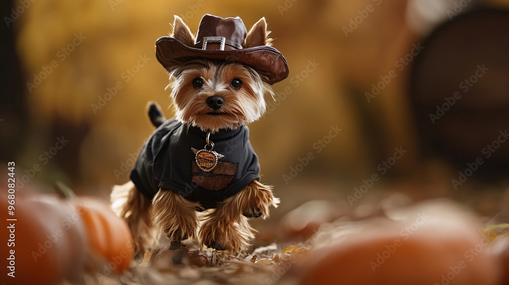 Yorkshire Terrier dressed as a cowboy on a tiny hobby horse, showcasing ...