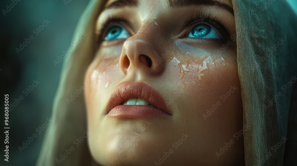 Biblical character. Emotional close up portrait of a woman with blue ...