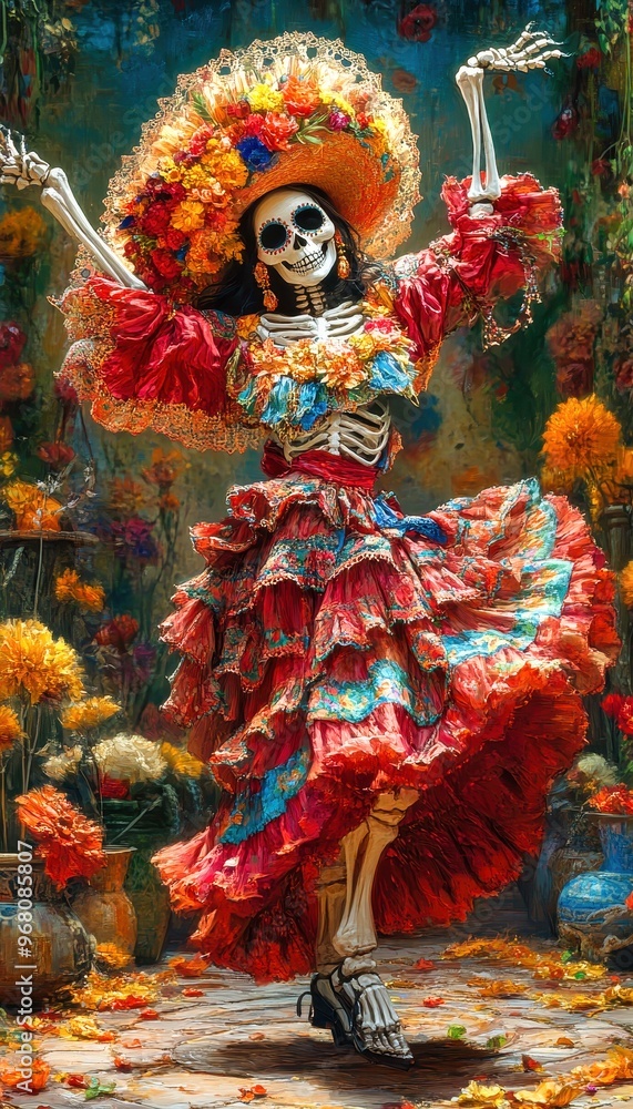 Catrina skeleton wearing colorful mexican dress dancing day of the dead ...