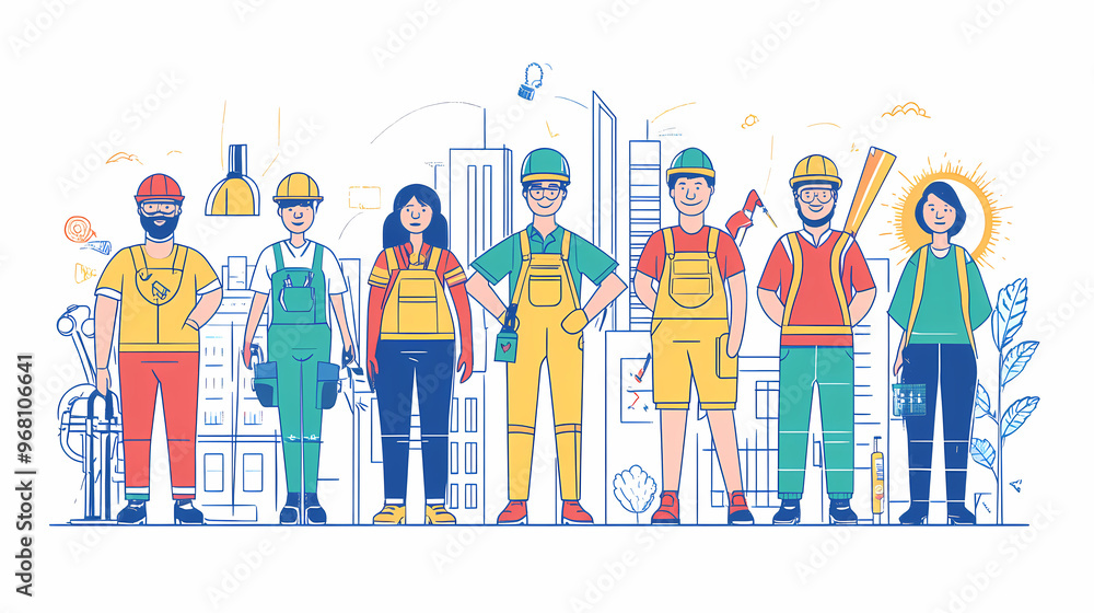 People of different professions together outline illustration, People ...