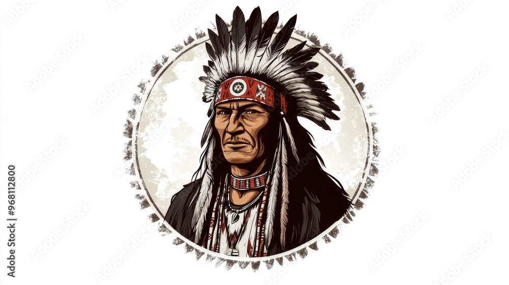 2D cartoon illustration of a Native American chief facing forward ...