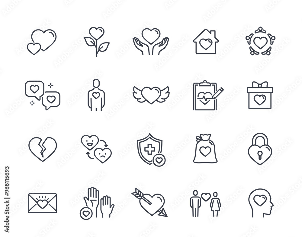 Heart line icon set. Simple symbols with charity, heartbeat, love and ...
