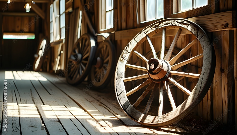 Nostalgic rustic wooden wagon wheel against barn wall with sunlight ...