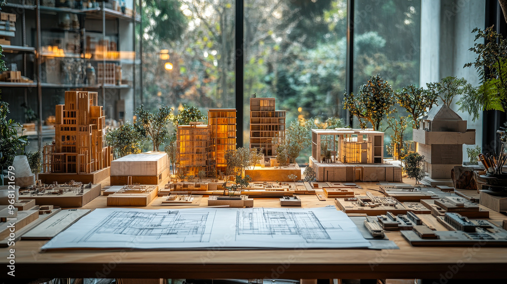Architect's Desk with Blueprints and Building Models Depicting Creative ...