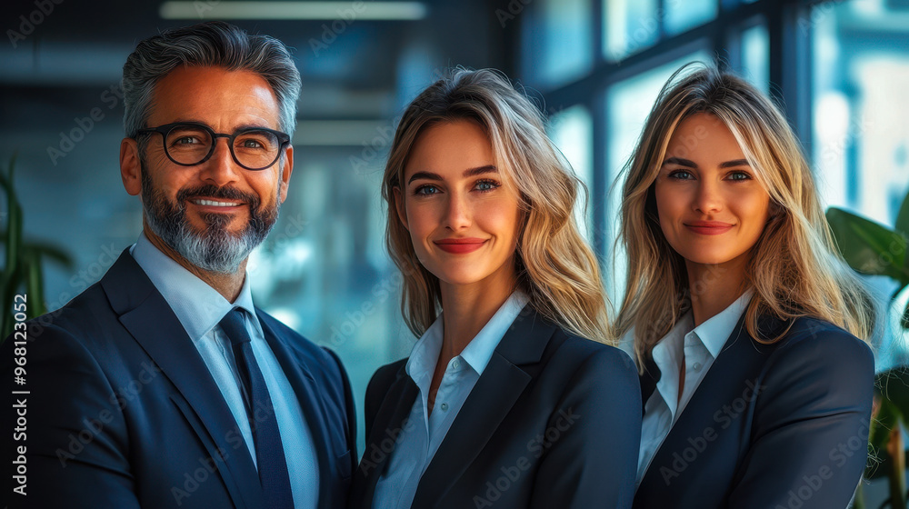 Professional business team smiling confidently in modern office setting ...