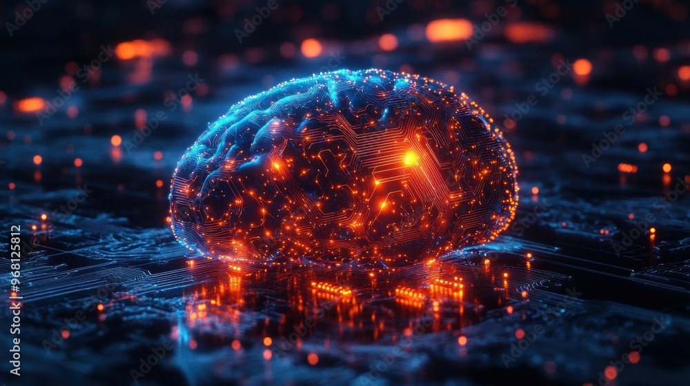 banner design featuring digital art of a brain intertwined with circuit patterns representing ...