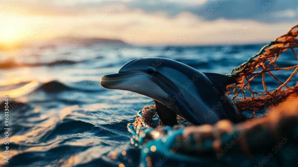 A dolphin trapped in a fishing net, highlighting the dangers of plastic ...