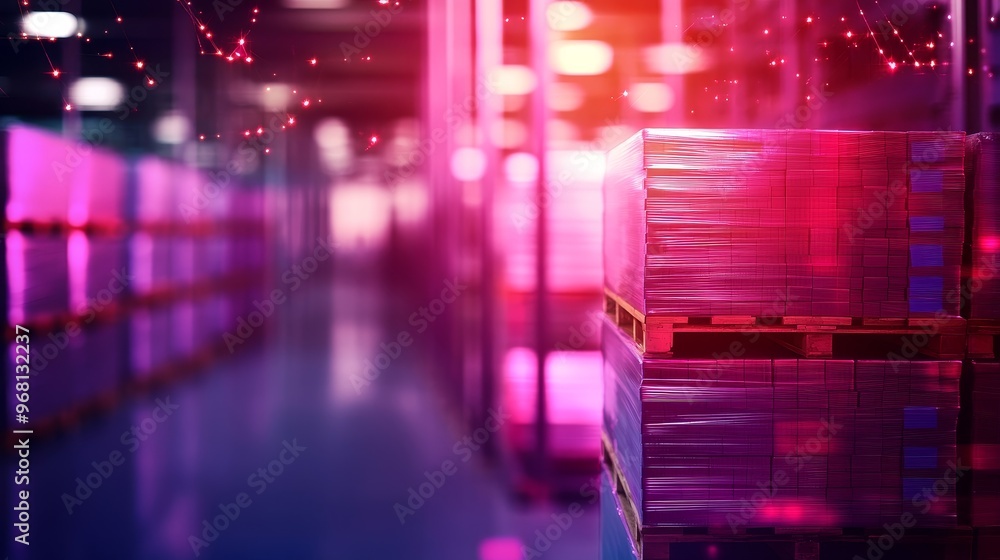 A modern logistic warehouse with rows of stacked pallets representing ...