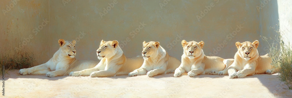 A pride of five lions bask in the sun's warmth, their golden fur ...
