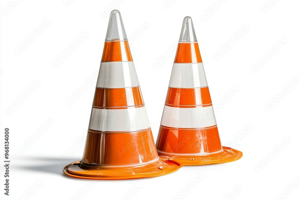 A set of two orange traffic cones with white stripes, isolated on a ...