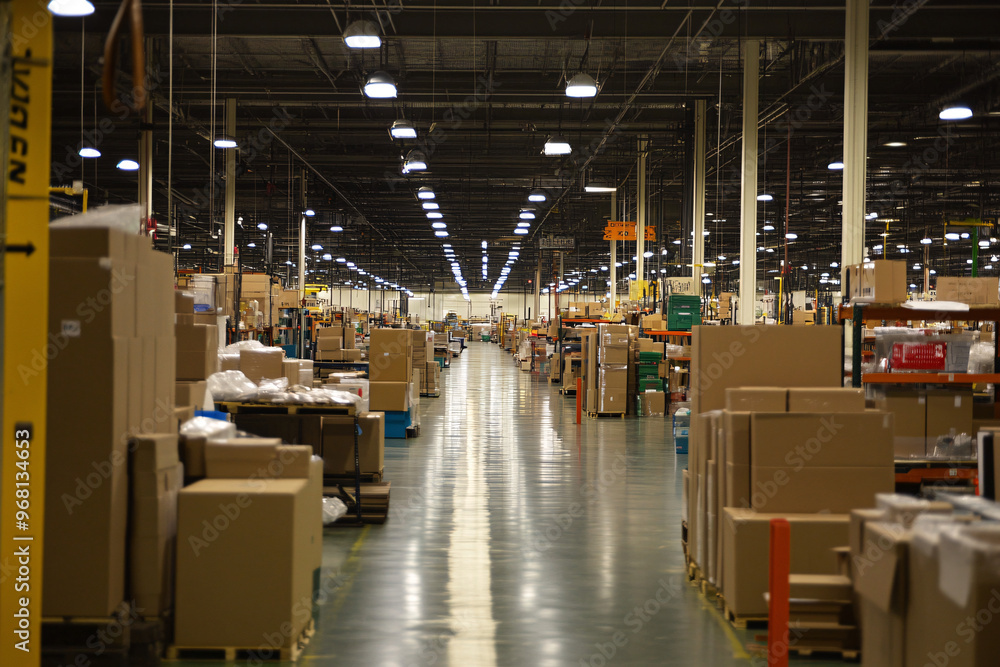 Large industrial warehouse interior filled with boxes and shelves An ...