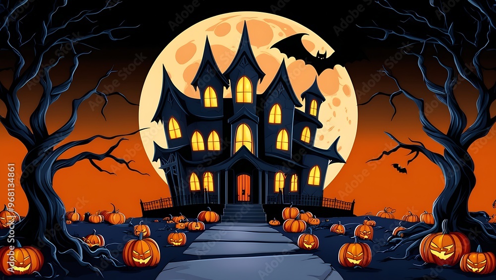 Cartoon Halloween background with black haunted house, window with ...