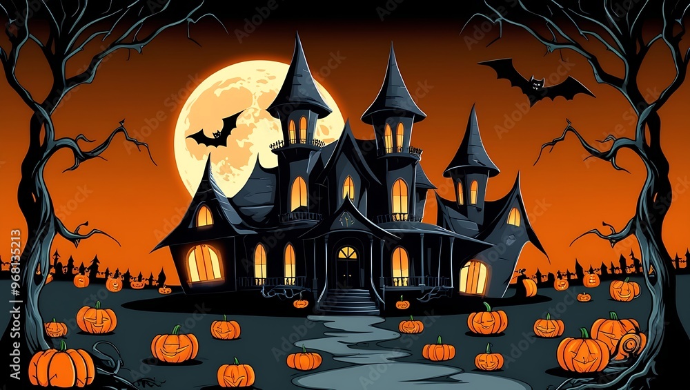 Cartoon Halloween background with black haunted house, window with ...