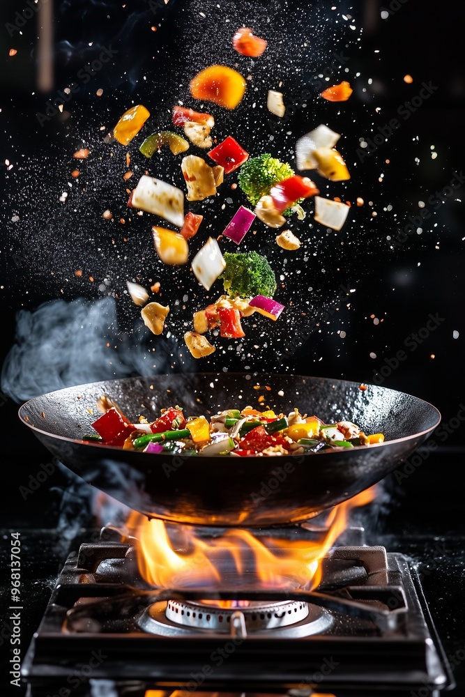 Flying wok with Asian food soaring out of it, above a gas stove with ...