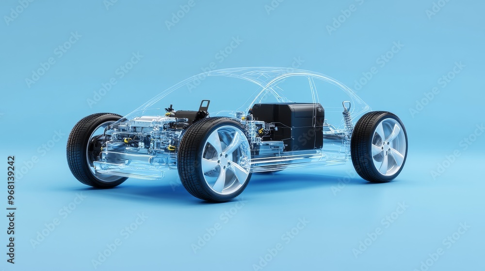 This image shows the transparent chassis of a modern electric car with ...