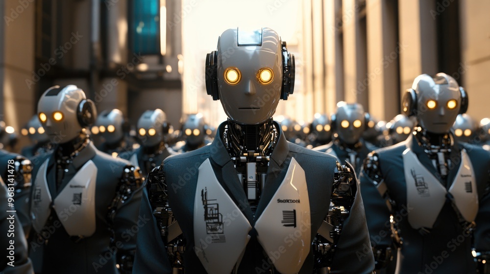 Group of robots wearing business suits at a stock exchange, [corporate ...