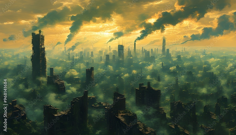 Dystopian cityscape shrouded in dense green fog beneath a golden sky ...