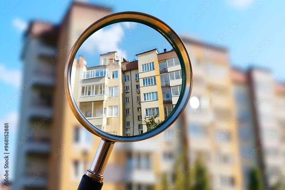 Magnifying glass on top of a city building, symbolizing search and ...
