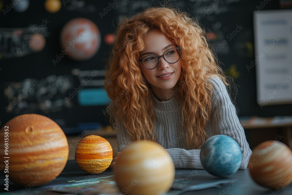 A teacher leading a science lesson on the solar system, using models of ...