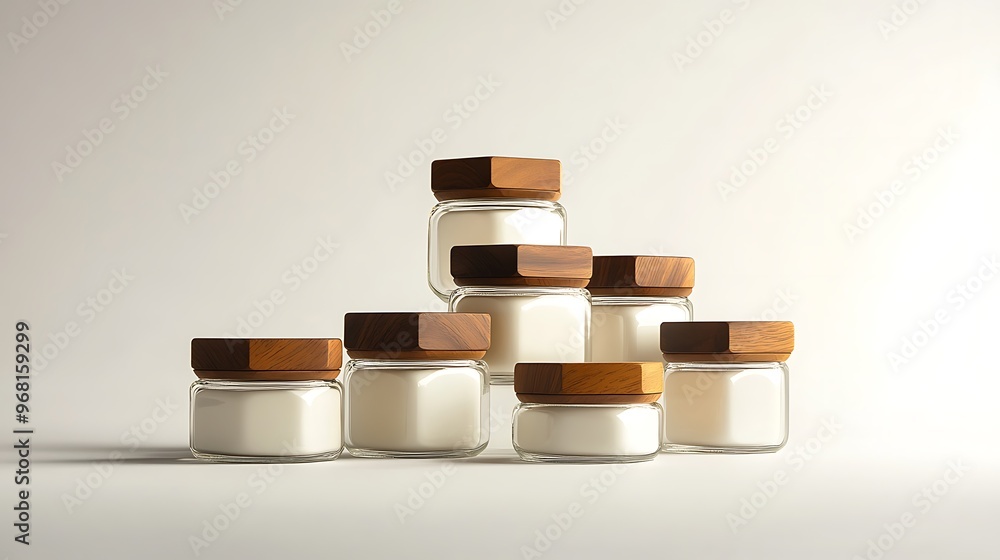 Eight small jars with hexagonal bases and wooden lids, placed in a ...