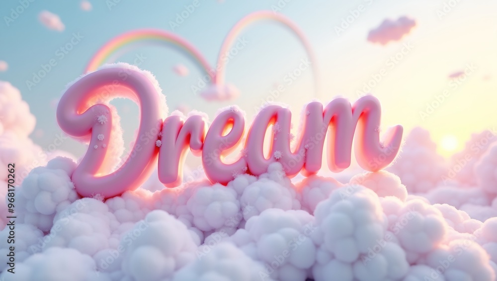 DREAM in 3D cursive font made of fluffy clouds and rainbows set in a ...
