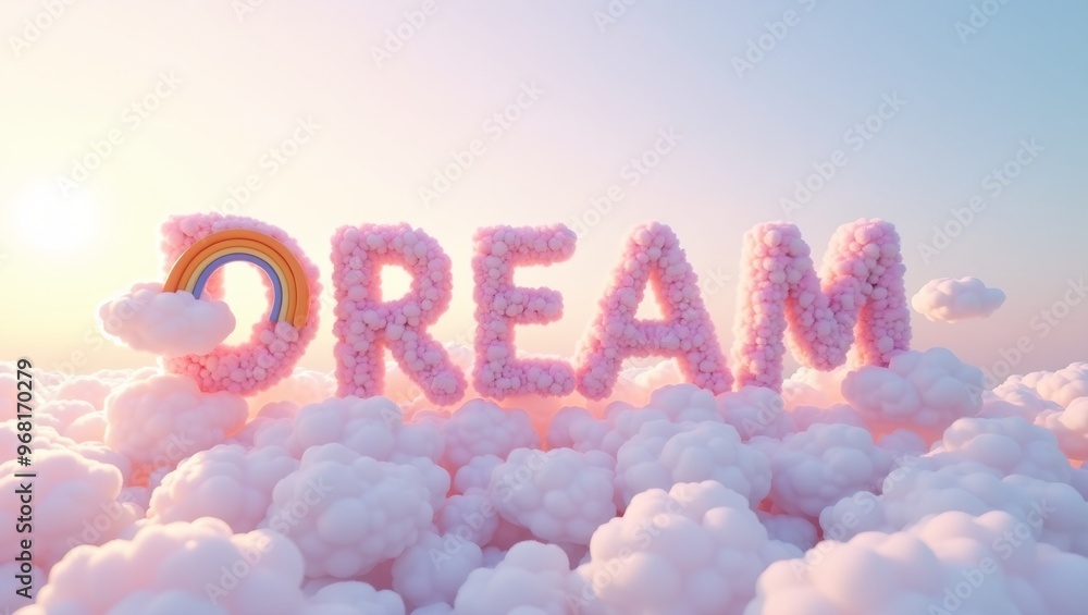 DREAM in 3D cursive font made of fluffy clouds and rainbows set in a ...