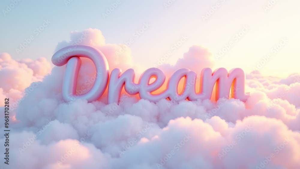 DREAM in 3D cursive font made of fluffy clouds and rainbows set in a ...