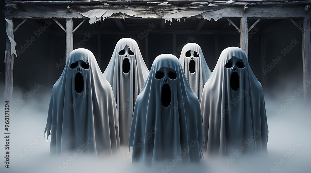Five ghostly figures in tattered white sheets with hollow eyes and open ...