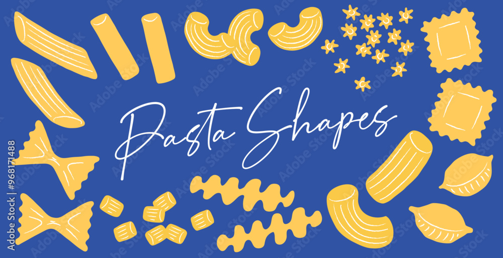 A collection of a series of cute, hand-drawn pasta shapes. Vector based ...