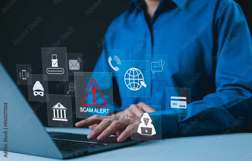 Cybersecurity concept. Scam Alert Warning, A person typing on laptop ...