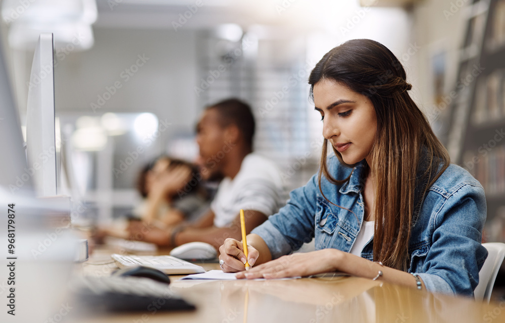 Education, writing and woman with books in library, thinking and ideas ...