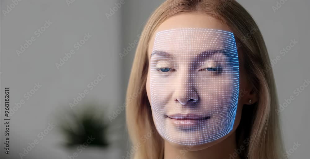 Face id scan, future. Portrait of young caucasian woman for face ...