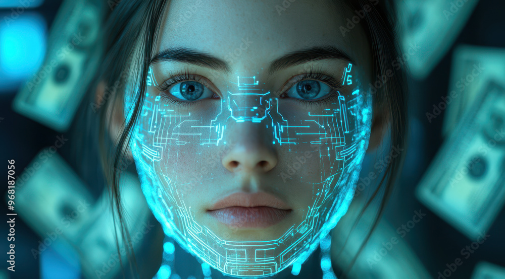 An AI entity with female human features surrounded by holographic ...