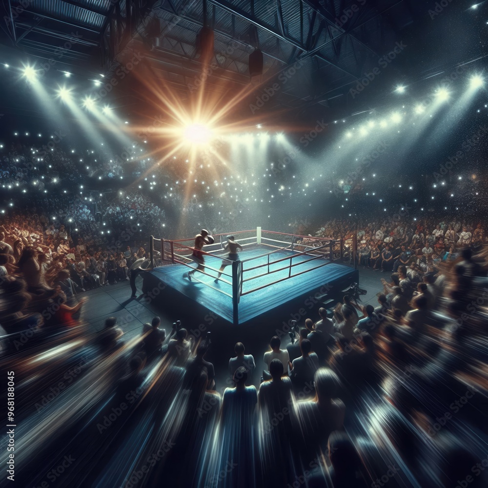 A captivating scene of a boxing match in a packed arena, with dramatic ...